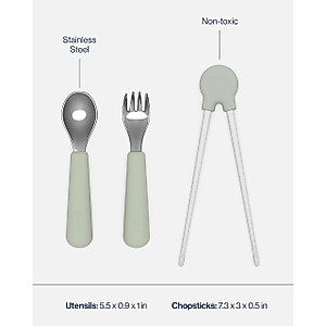 Lalo Big Bites Kids Dinnerware Full Set - Dishwasher Safe, BPA Free, Kids Tableware Set - Includes Stackable Bowl, Plate, Utensils & Cup - 7 Pieces - Sage