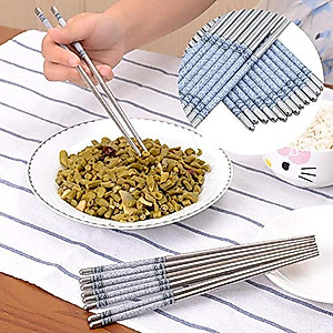 Madames Stainless Steel Chopsticks Kitchen Blue and White Porcelain Printed Chopsticks Reusable Flat Long Handle Chopstick for Home, Kitchen or Restaurant