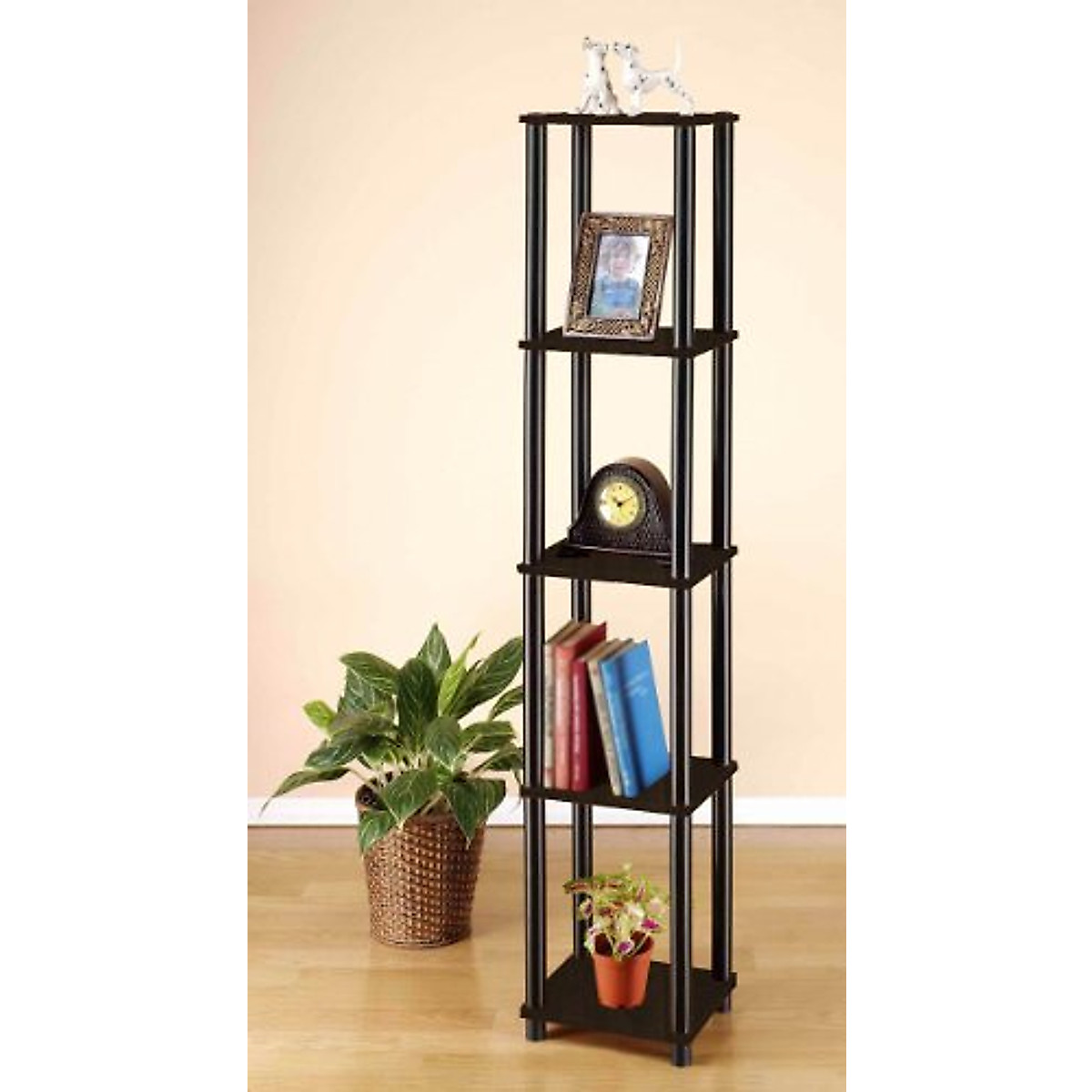 FURINNO Turn-N-Tube 5-Tier Corner Square Rack Display Shelf, Round, Light Cherry/Black
