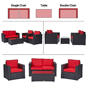 kinbor Outdoor Furniture - 4 Piece Wicker Patio Furniture Set, Outdoor Patio Conversation Furniture Sets, Outdoor Patio Sectional Sofa Couch for Deck Balcony Yard Poolside, Red