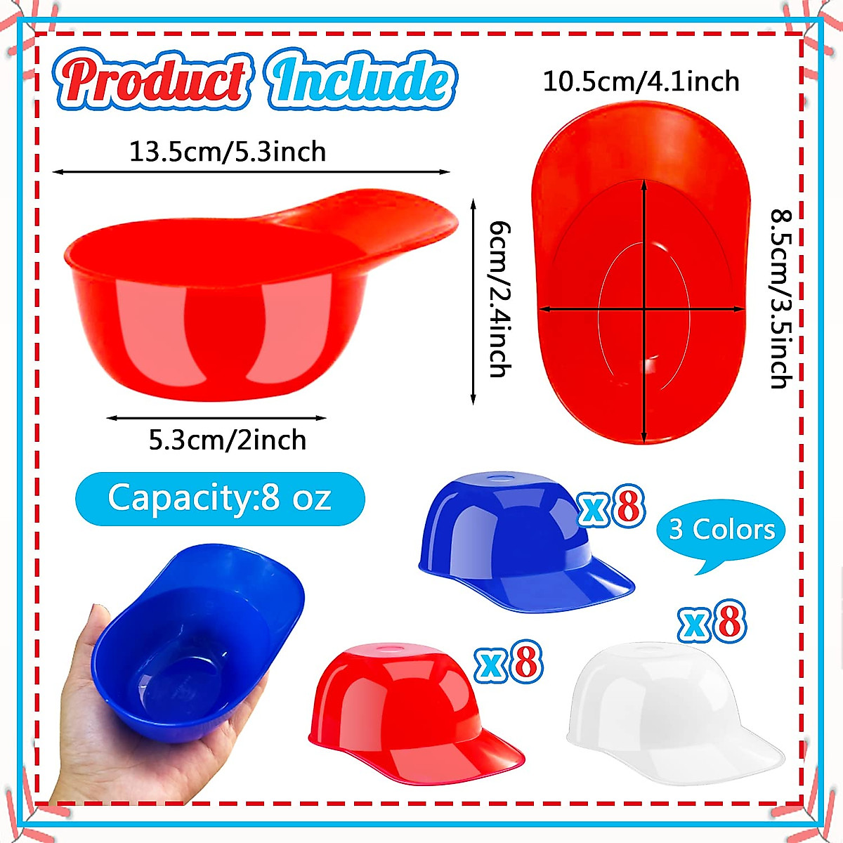 Szsrcywd 24 Pack Plastic Baseball Helmet Bowl,Mini Ice Cream Dessert Baseball Cap Bowls,Party Snack Cups for Birthday Party Supplies(Red Blue and White)