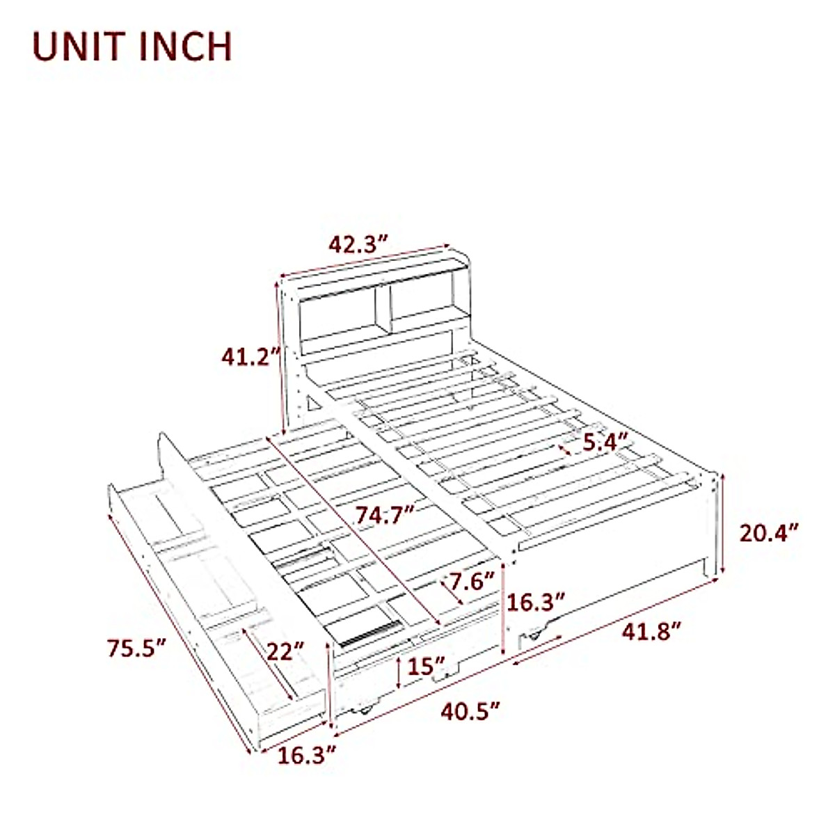 Harper & Bright Designs Twin Bed with Twin Size Trundle and Drawers, Solid Wood Platform Bed Frame with Bookcase Headboard for Kids Teens Adults (Twin Size, Gray)