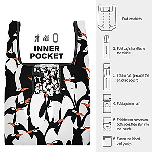 Penguins Pattern Printed Reusable Grocery Bag with Handle Foldable Shopping Tote Bags Portable for Supermarket Camping
