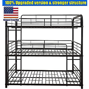 CPARTS Stronger & Upgraded Version Metal Industrial Style Triple Bunk Bed Full, Thickened More Stable Safer Steel Full Over Full Over Full Size Triple Bunkbed Frame, Faster Assemble (Sandy Black)