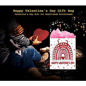FaCraft Happy Valentines Day Gift Bag with Handle Large Rainbow Valentines Gift Bag with Tissue Paper,Love Heart Romantic Valentines Gift Bags for Her Him Men Girlfriend Boyfriend Husband Wife