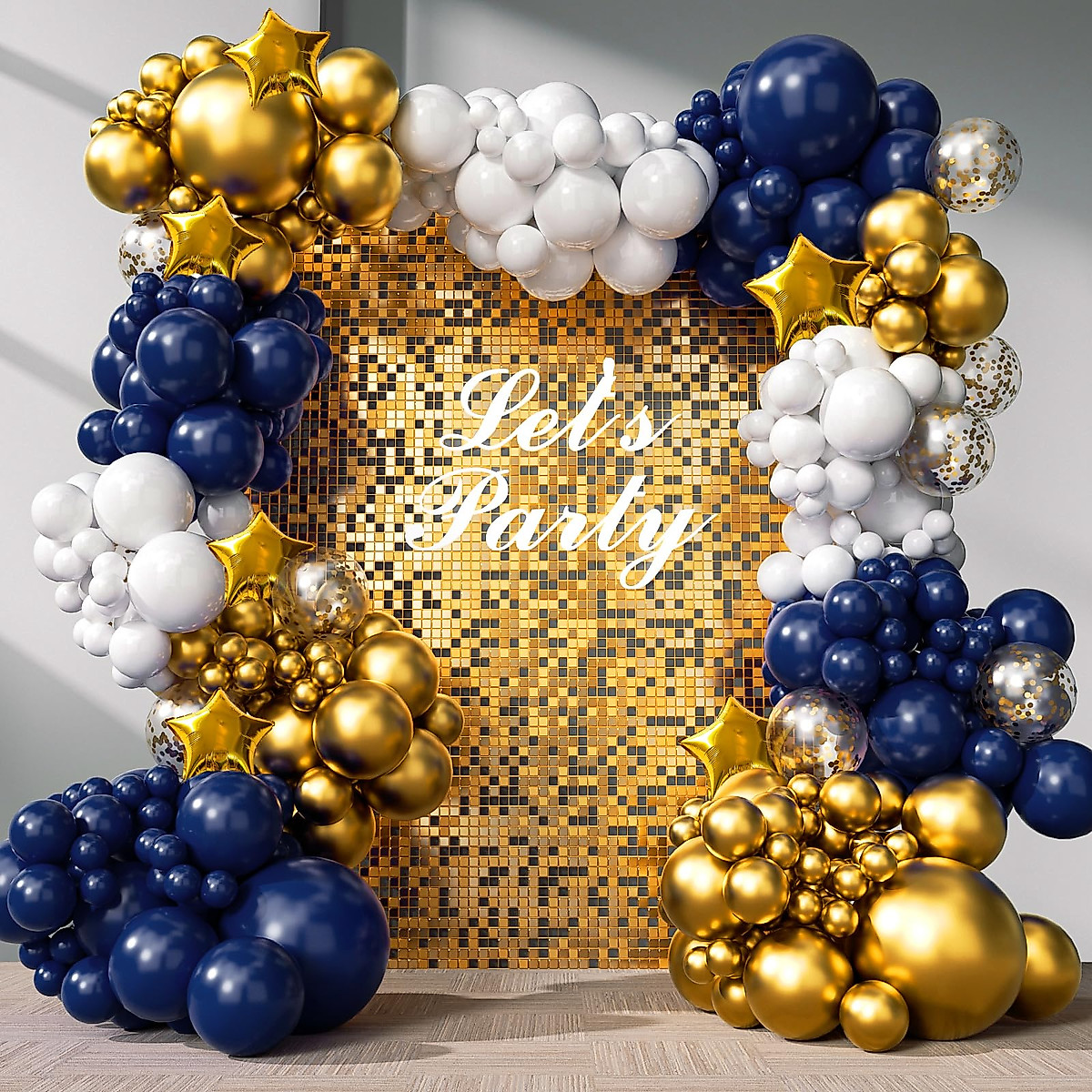 187pcs Navy Blue and Gold Balloons Arch Garland Kit, 5 10 12 18 inch Royal Blue Gold White Balloons with Gold Star Foil Balloons for Anniversary Wedding New Year Birthday Party Decorations