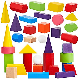 Deekin 36 Pcs Geometric Shapes 3D Wood Shapes Large Size Pattern Blocks Multicolor Solid Figures Montessori Classroom Manipulatives for Preschool Elementary Kindergarten Math Home School Supplies