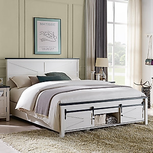 JXQTLINGMU Farmhouse Wood Bed Frame King Size with Sliding Barn Door Storage Cabinets and Headboard, Solid Wood Slats Support, Noiseless, No Box Spring Needed, Antique White