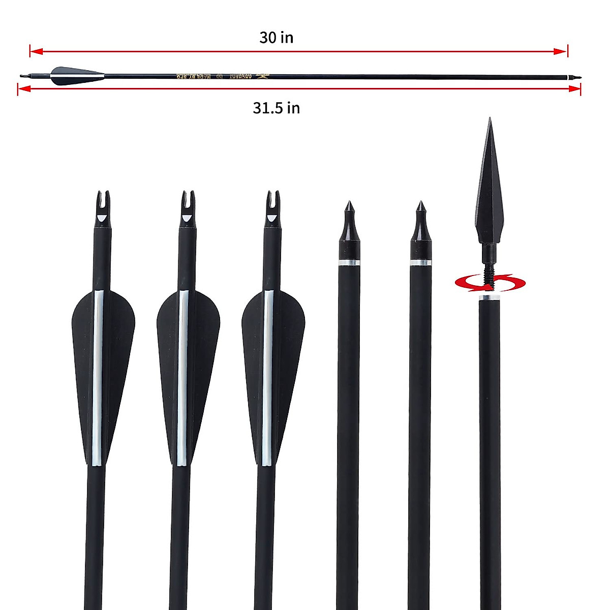 SOPOGER Archery 30inch Carbon Arrows 12 Pack and 6 Pack Hunting Broadhead Set Archery Arrow for Compound Bow & Recurve Bow Spine 500 Hunting Arrow with Removeable Tips Practice Target Shooting (Black)