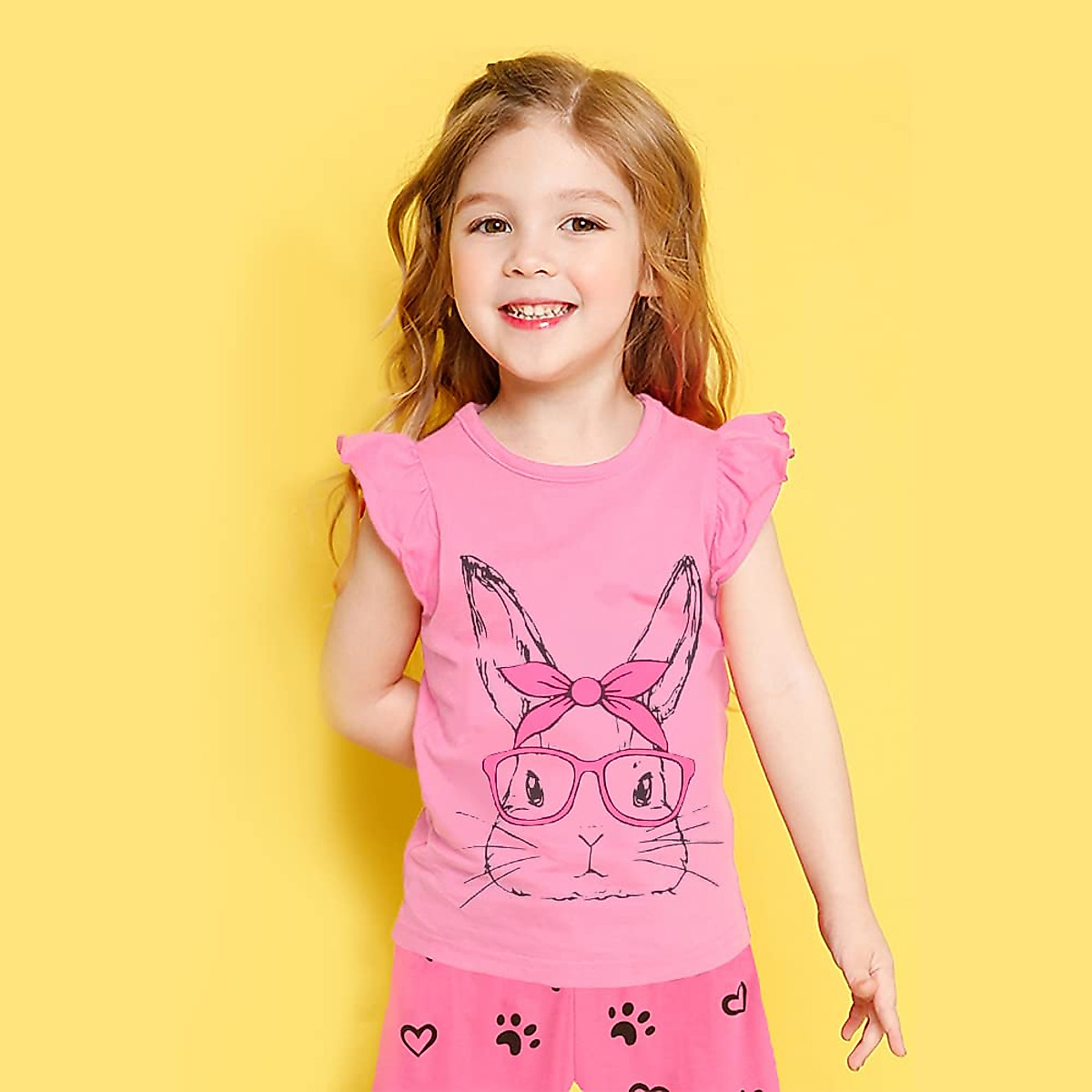 Baby Girls Ruffle Sleeve T-Shirt Toddler Easter Rabbit Ruffle Sleeve Short Top Pink 2-3T