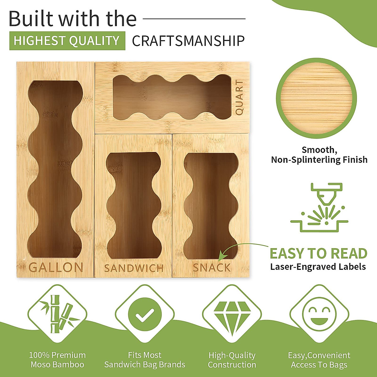 Ziplock Bag Storage Organizer and Dispenser, CAVENLLI 4 Pack Food Storage Bag Holders Compatible with Ziploc, Solimo, Glad, Hefty for Gallon, Quart, Snack, Sandwich, Candy, Variety Size Bags