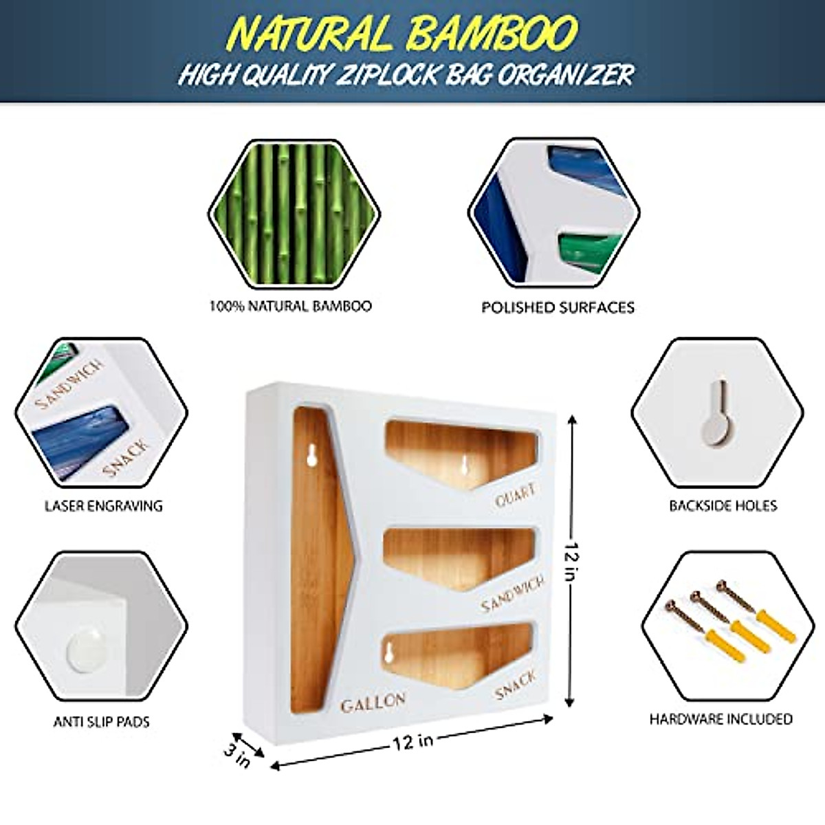 provoom Ziplock Bag Storage Organizer – Ziplock Organizer for Drawer with Grocery Bag Holder – Bamboo Baggie Organizer Compatible with Gallon, Sandwich, Snack, Quart Food Storage Bags(WHITE)