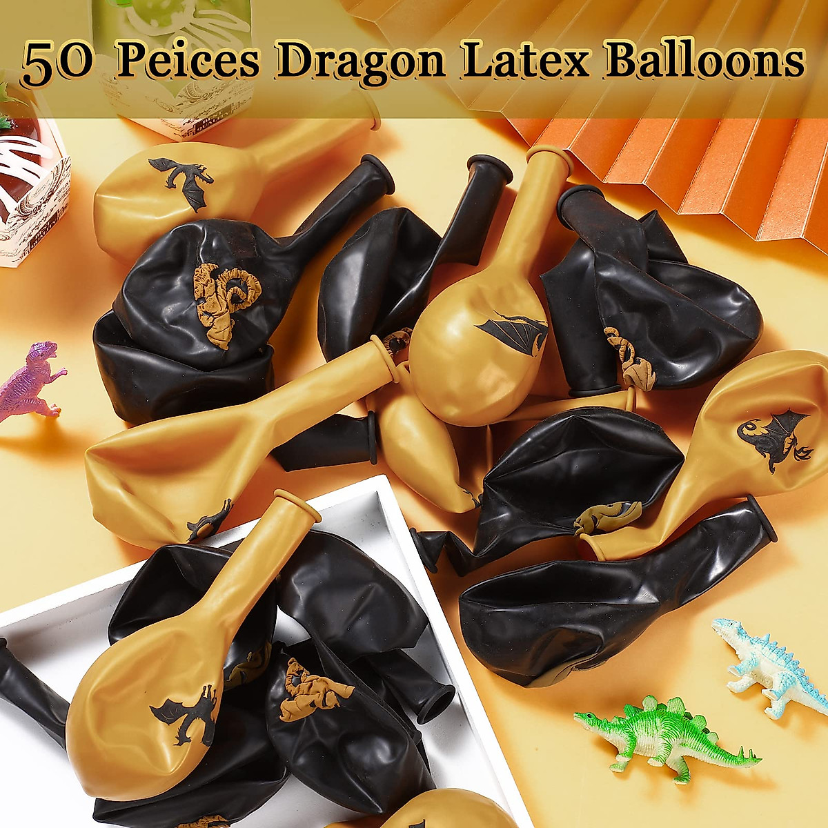 50 Pieces Dragon Theme Party Supplies, Dragon Theme Party Balloons, Black Gold Dragon Balloons Birthday Decoration Dragon Theme Party Picks Fantasy Party for Dragon Fantasy Party Supplies, 12 Inches