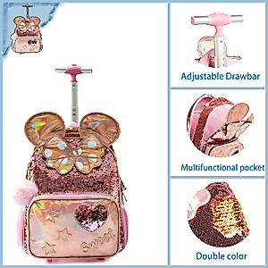 ZBAOGTW Rolling Backpack for Girls Backpack with Wheels Lunch Box and Pencil Bag Adjustable Length Sequins Wheeled Backpack for School Travel Picnic