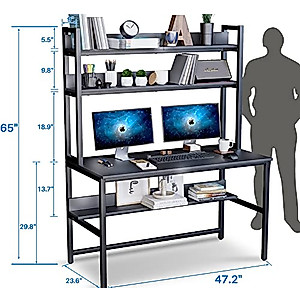 Aquzee Computer Desk with Hutch and Bookshelf, 47 Inches Black Home Office Desk with Space Saving Design, Metal Legs Table Desk with Upper Storage Shelves for Study Writing/Workstation, Easy Assemble