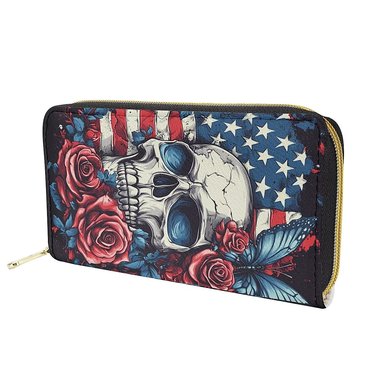 Snilety Women Long Wallet PU Leather Card Case, Red Rose Printed RFID Credit Card Holder Zipper ID Card Travel Wallet