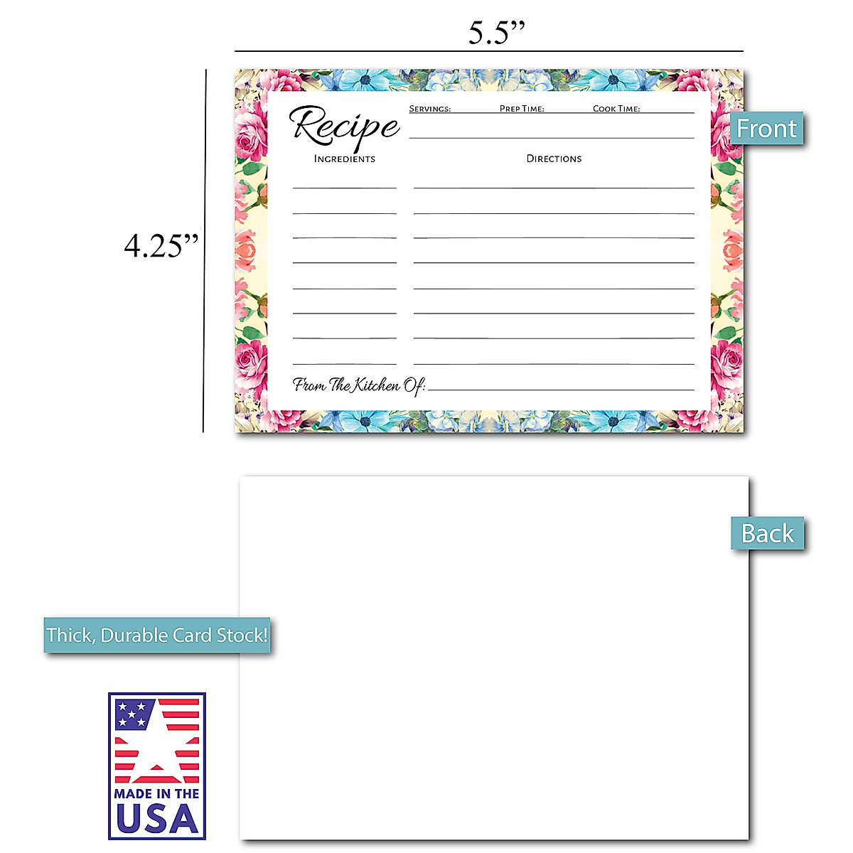 Pioneer Woman Style Floral Recipe Cards (100 Pcs) Flower Recipe Cards, Floral Index Cards, Blank Back Recipe Notecards, Perfect for Bridal Shower (100, 4.25" x 5.5")