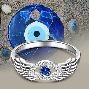 Turkish Evil Eye Ring 925 Sterling Silver Angel Wing Evil Eye Rings for Women Cubic Zirconia Mother Day Protection Jewelry Lucky Gif Size 8