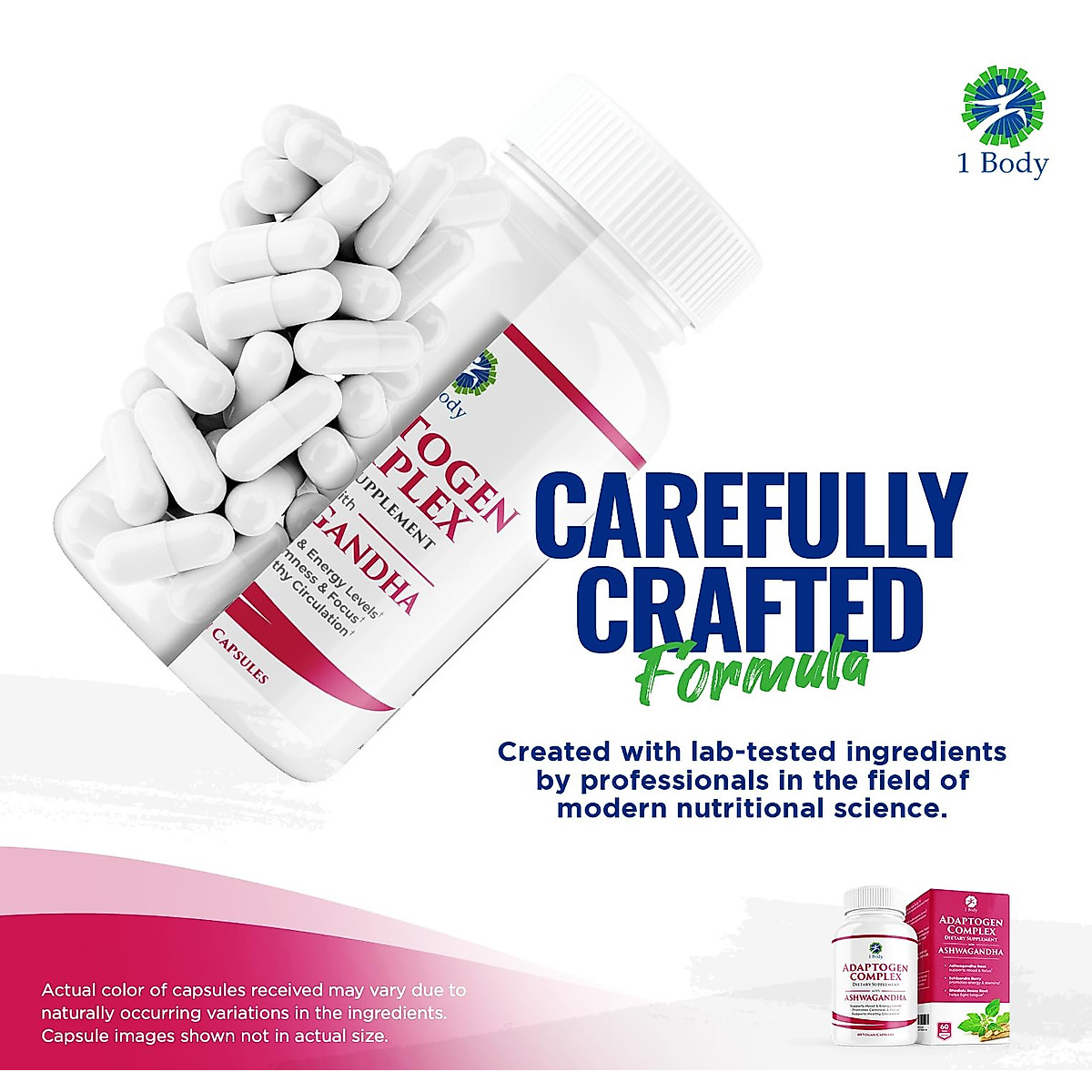 1 Body Ashwagandha Complex Supplement - Adaptogen Formula - Focus and Energy Support Supplement for Men and Women - 60 Vegan Capsules