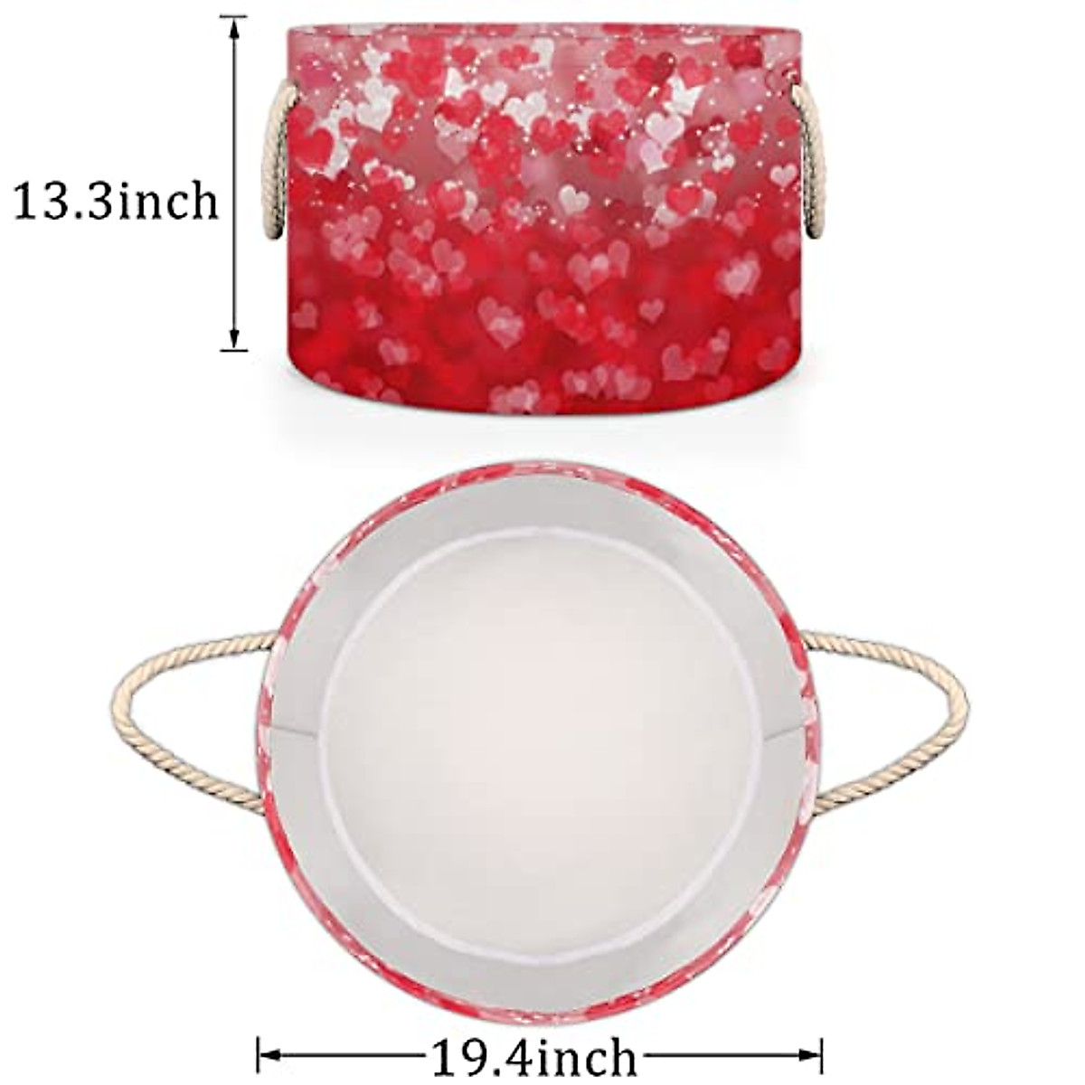 Red Valentines Day Love Heart (7) Large Round Baskets for Storage Laundry Baskets with Handles Blanket Storage Basket for Bathroom Shelves Bins for Organizing Nursery Hamper Girl Boy