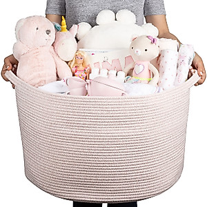 Pink Storage Basket - 22”x14” | Baby Girl Laundry Basket | Toy Bin | Woven Baskets for Storage | Fabric Laundry Baskets for Storage