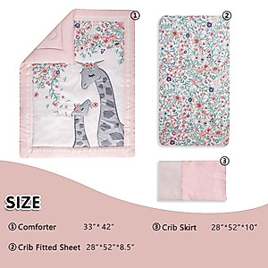 Honkaii Giraffe 3-Piece Crib Bedding Set, Baby Nursery Bedding Sets Including Crib Quilt, Crib Skirt, Crib Sheet, Pink Crib Sets for Girls