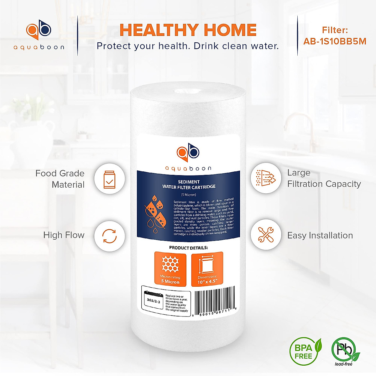 Aquaboon 6-Pack of 5 Micron 10" x 4.5" Sediment Water Filter Replacement Cartridge | Whole House Sediment Filtration | Compatible with W15-PR, HD-950, WFHD13001B, GXWH35F, GXWH30C, HF45-10BLBK10PR