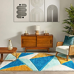 Well Woven Walker Blue Triangle Boxes Thick Soft Plush 3D Textured Shag (5'3" x 7'3") Area Rug