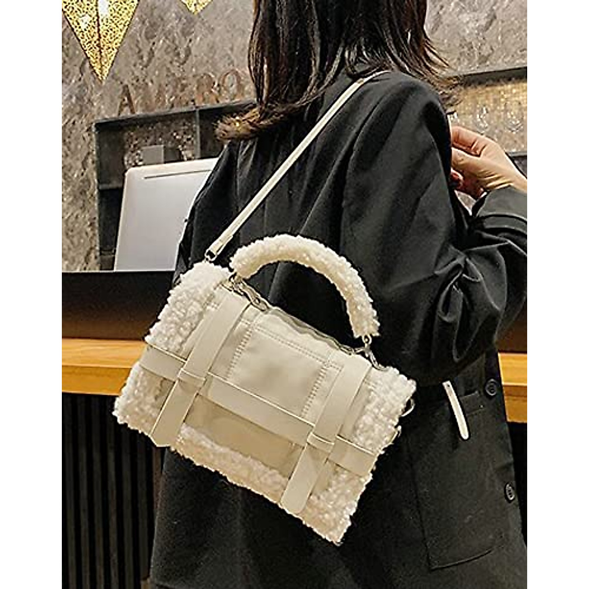 Winter Faux Fur Trim Shoulder Bag Women PU Leather Tote Bag Solid Color Tote Handbag Crossbody Bag for Women