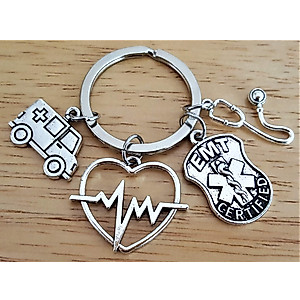 EMT Emergency Medical Technician, EMT keychain, ECG / EKG Heartbeat, Medical Alert, EMT gift, Ambulance, Stethoscope, Caduceus Medical Symbol charm, EMT graduation Gift (EMT Heartbeat Keychain)