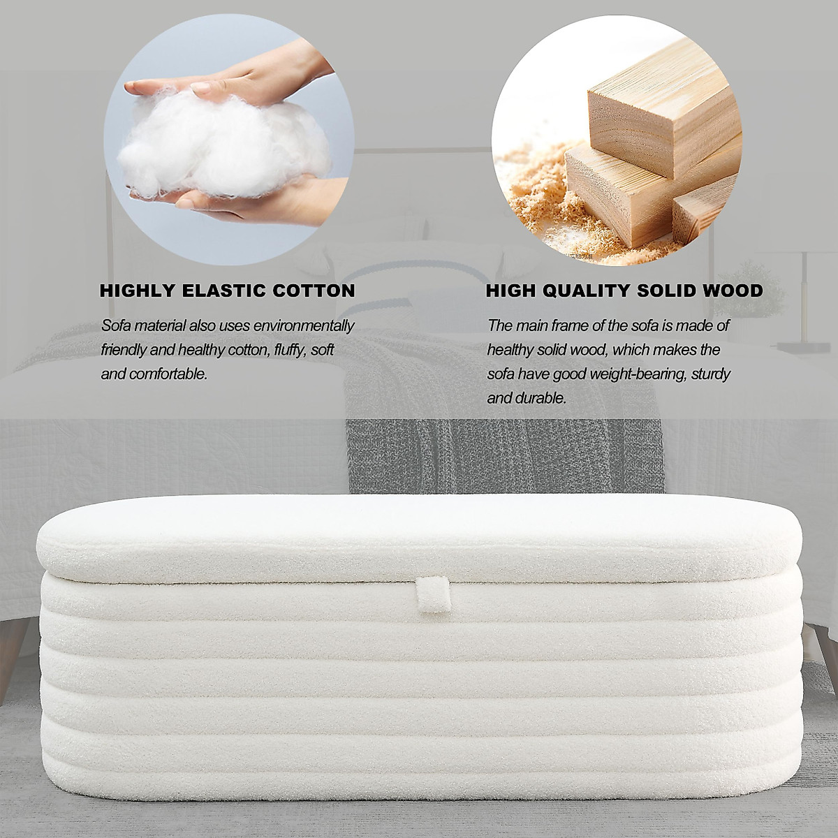 IMGDD 45.5 inches Storage Ottoman Bench Upholstered Fabric Storage Bench End of Bed Stool with Safety Hinge for Bedroom, Living Room, Entryway (White)