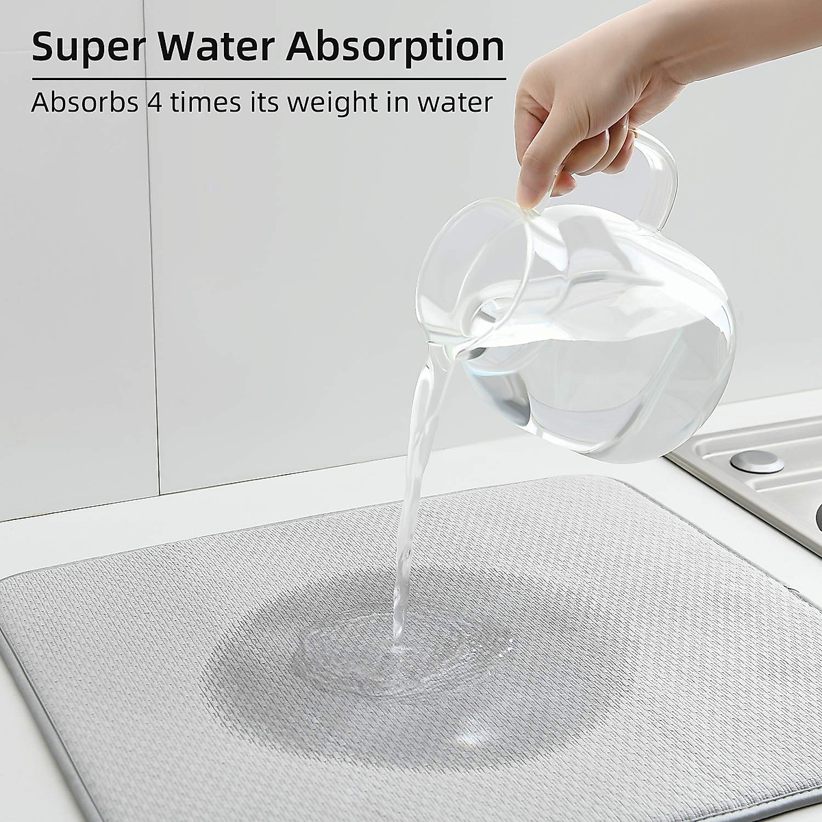 SUBEKYU Microfiber Dish Drying Mat for Kitchen Counter, Absorbent Dishes Drainer/Rack Pad for Countertop (Light Grey 2P)