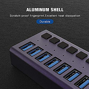 USB 3.0 Hub -7 Ports Powered USB Hub 36W USB Charging Hub with Individual On/Off Switches and 12V/3A Power Adapter and Light for PC, Laptop, Computer, Mobile HDD, Flash Drive and More（Purple）