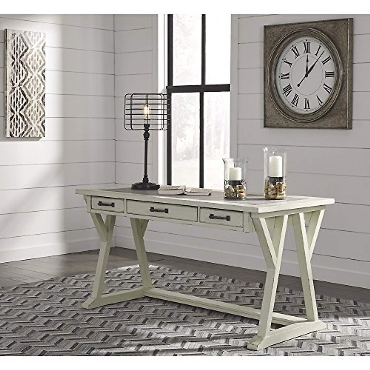 Signature Design by Ashley Jonileene Farmhouse Home Office Desk with Drawers, White & Gray