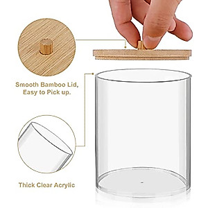 Qtip Holder Dispenser with Bamboo Lids and Vanity Tray - 10 oz Clear Plastic Apothecary Jar Containers for Vanity Makeup Organizer Storage - Bathroom Accessories Set for Cotton Swab, Ball, Pads, Floss