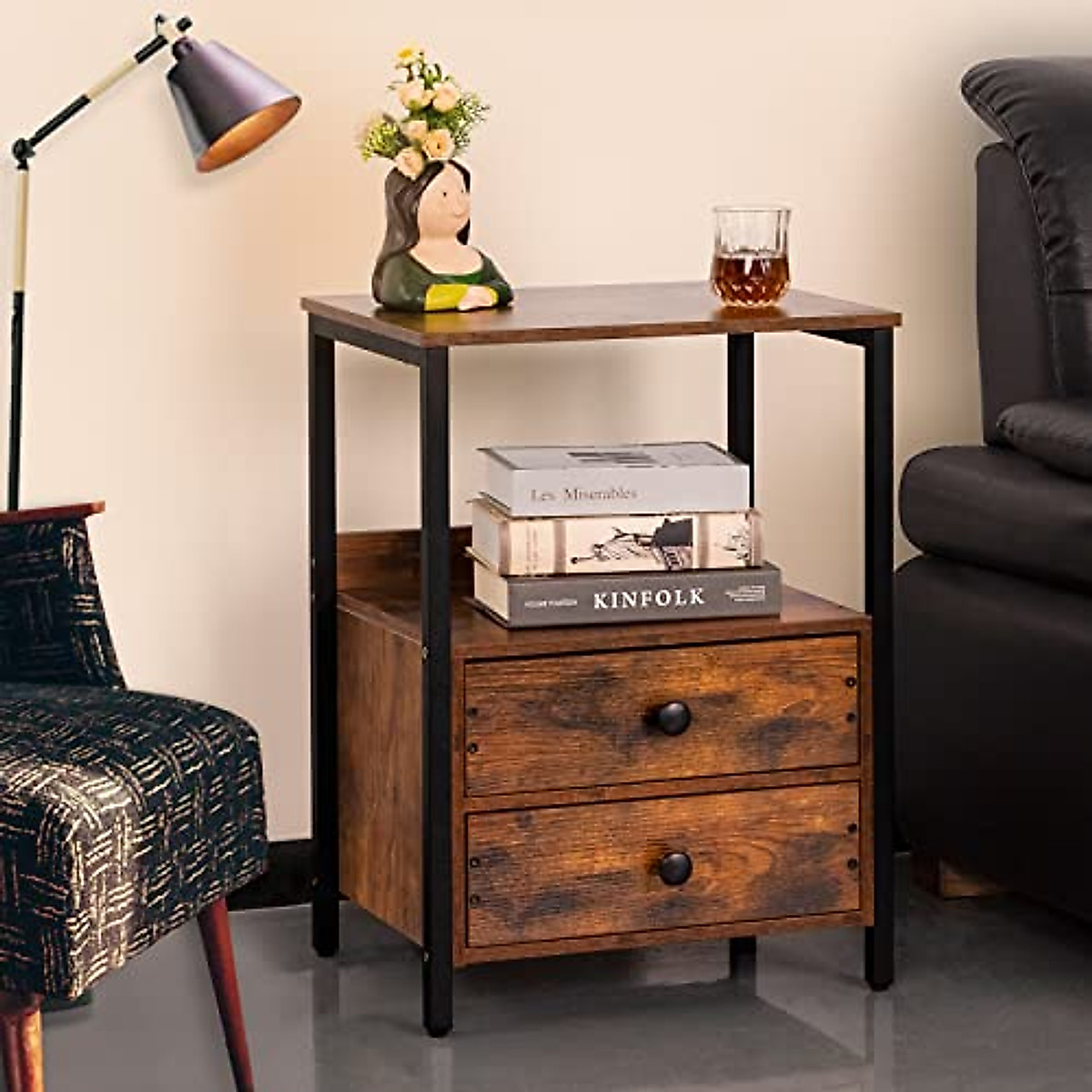 Lerliuo Nightstand, Side Table, Industrial Bedside Table with 2 Drawers and Open Shelf, Brown Night Stand, End Table with Steel Frame for Bedroom, Dorm, Brown/Black 23.6''H (Brown)