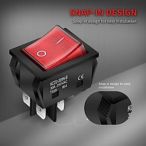 DaierTek 30A 250V KCD2 KCD4 Rocker Switch DPST 4 Pin Red Lighted 120V Rocker Toggle Switch ON Off Heavy Duty T125-3Pack