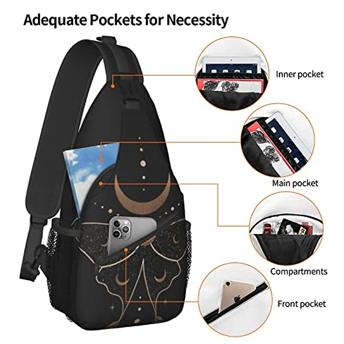Moth Moon Printed Classic Sling Bag Crossbody Chest Daypack Lightweight Casual Backpack Shoulder Bag for Men Women Adult Travel Hiking Gifts