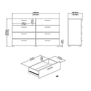 Levan Home 32" H x 55" W Contemporary Scandinavian Design Engineered Wood Double Bedroom Dresser with 8-Drawer and Silver Bar Handles, Suitable for Small Rooms, in Clean Oak/White High Gloss