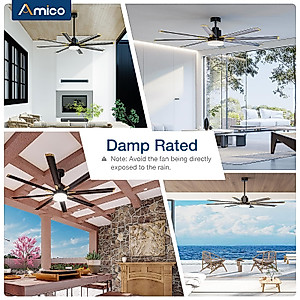 Amico Ceiling Fans with Lights, 72 Inch Indoor/Outdoor Large Industrial Ceiling Fan with Remote Control, Reversible, 8 Aluminum Blades, 3CCT, Dimmable, Damp Rated Black Ceiling Fan for Bedroom Patio