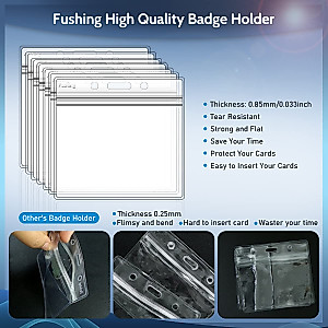 Fushing 20Pcs Extra Thick ID Badge Holders, Exclusive Double-Deck 3x4 Clear Plastic Horizontal Name Tag Badge ID Card Holders, Single Layer Thickness 0.4mm Thicker 60% Than Standard 0.25mm