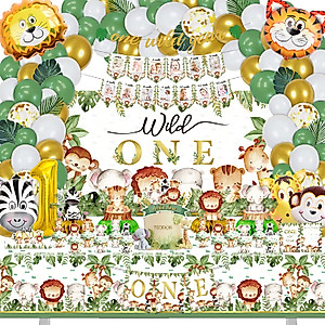 Wild One party Decorations, 150 Pcs Jungle Animal Party Supplies Decor for Boy Girl Birthdays with Banners Cake Topper Cupcake Topper Cupcakes Wrappers Balloons Backdrop Tablecloth Centerpieces