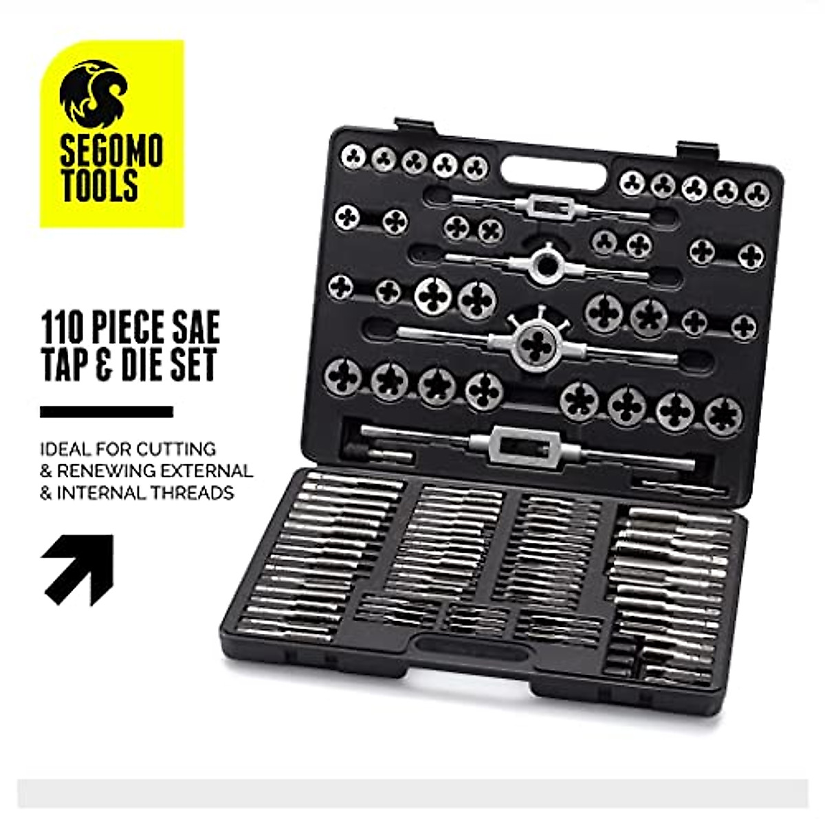 Segomo Tools 110 Piece Hardened Alloy Steel SAE Tap And Die Threading Tool Set With Storage Case | SAE Tap and Die Set | Rethreading Kit | Tap Set | Tap and Die Kit - TD110SAE
