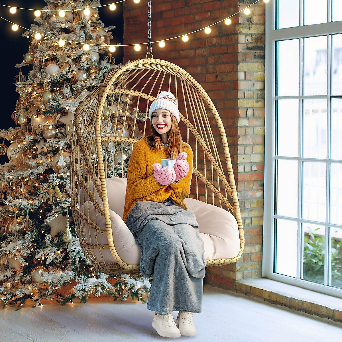 YITAHOME Swing Egg Chair with Cushions 350lbs, Wicker Hammock Chair Foldable Hanging Basket Chair W/O Stand for Outdoor, Indoor, Patio, Bedroom - Beige