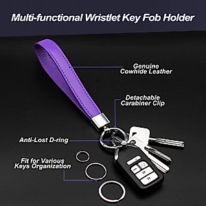 MECHCOS Car Key Fob Keychain Holder Genuine Leather Wristlet Loop Key Chain Circle Carabiner Clip for Men and Women with Anti-Lost D Ring, Screwdriver, 4 Key Rings, 360 Degree Rotatable, Purple