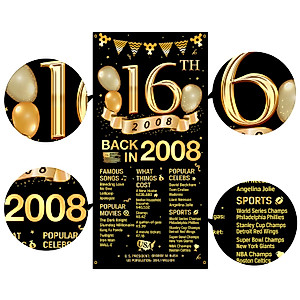 16th Birthday Door Cover Banner Decorations, Black Gold Happy 16th Birthday Door Cover Party Supplies, Large Sixteen Year Old Birthday Poster Backdrop Sign Decor