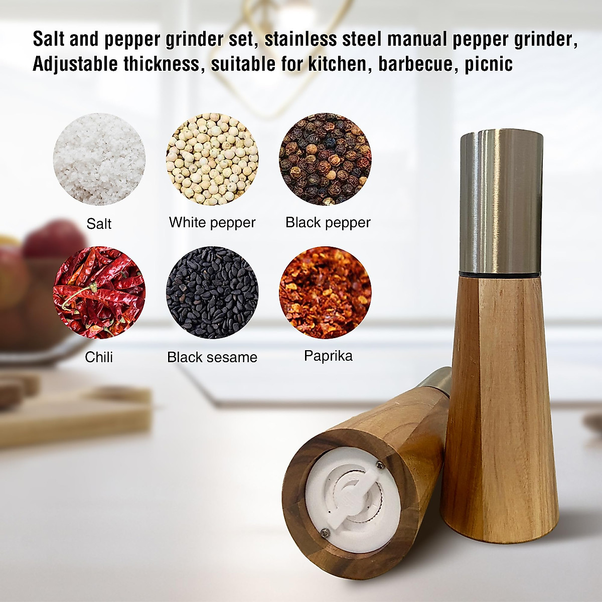 Salt and Pepper Grinder Set,Stainless Steel Manual Salt and Pepper Mill,Adjustable Thickness,Suitable For Kitchen,Barbecue,Picnic,2 Packs