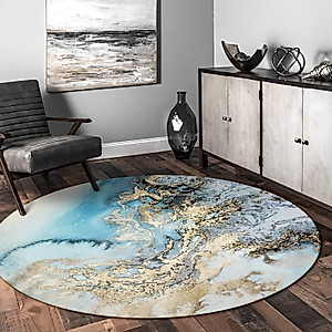 Lahome Marble Round Rugs - 6Ft Washable Large Round Living Room Area Rug Non-Slip Throw Blue Dining Room Rug Soft Ultra-Thin Circle Bedroom Rug Indoor Round Carpet for Office Kitchen Entrance