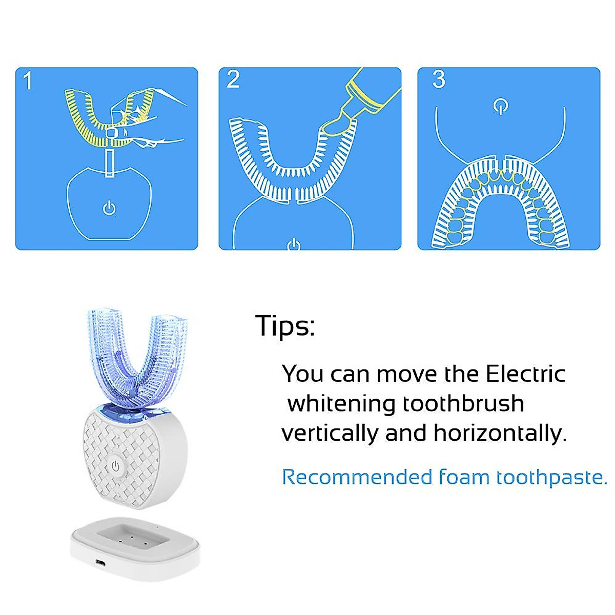 Electric Ultrasonic Toothbrush,360 Automatic Toothbrush,360 Sonic Electric Toothbrush,U Shape Automatic Toothbrush Home Travle use (White) (White)