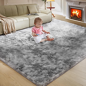 Ultra Soft Rug for Living Room, 4X6 Fluffy Shag Area Rug for Bedroom, Modern Shaggy Carpets Fuzzy Rug for Teens Dorm Nursery Home Decor Aesthetic, Upgrade Anti-Skid Durable, Tie-Dyed Light Grey